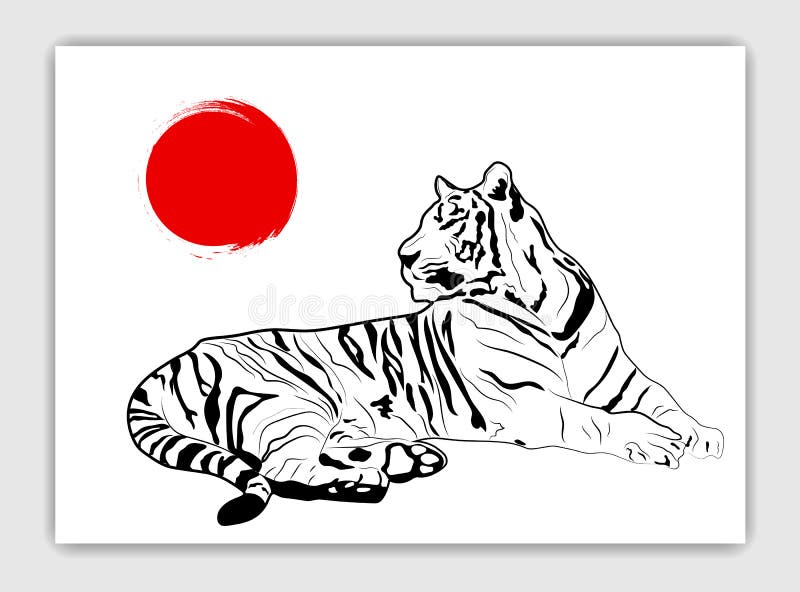 Chinesischer Tiger Und Rote Sonne Liegen. Horizontalkarte Mit Skizze ... Chinesischer Tiger Und Rote Sonne Liegen. Horizontalkarte Mit Skizze ...