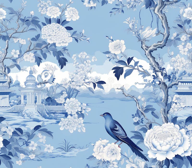 Chinoiserie Blue Grand Millennial Pattern Stock Illustration ...