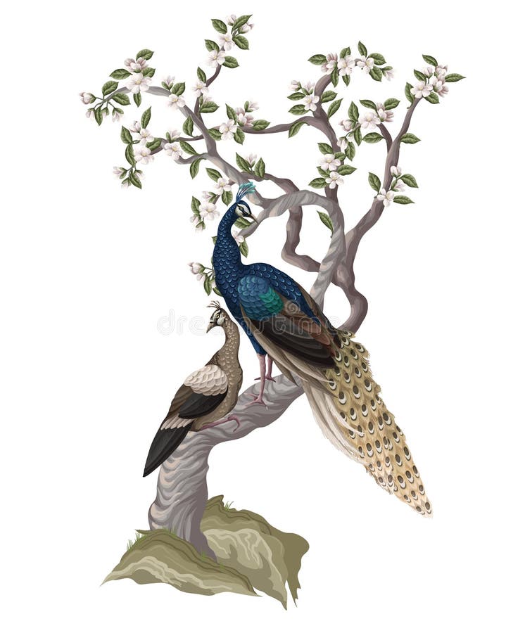 Chinoiserie Mural with Peacocks and Flowers Trees. Vector. Stock Vector ...