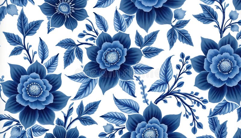 Chinoiserie Seamless Pattern with Blue Flowers and Leaves on White ...