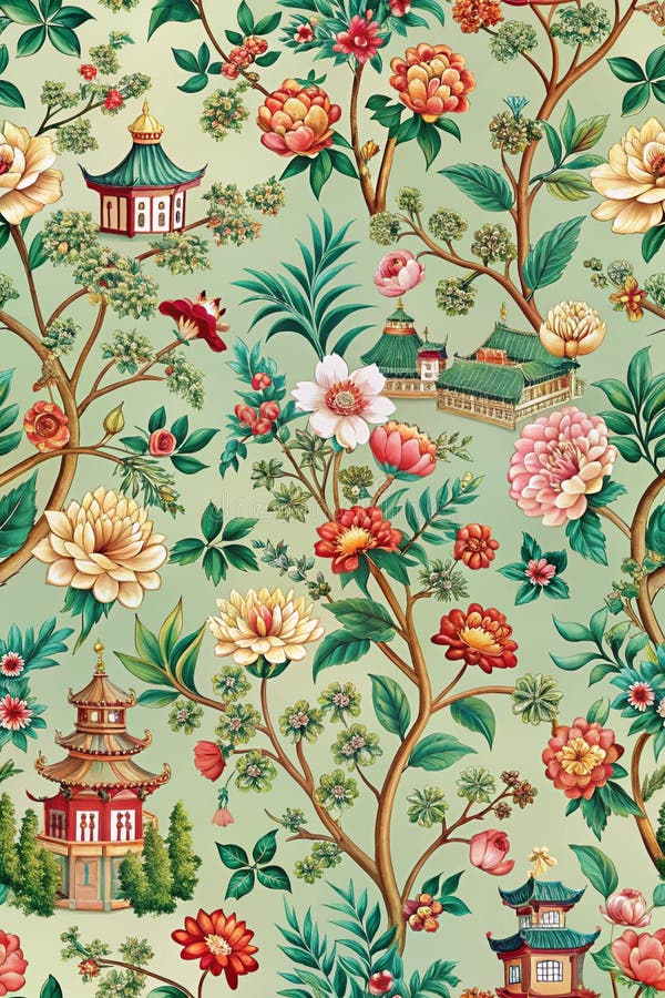 Chinoiserie, Traditional Oriental Botanical. Seamless Pattern ...