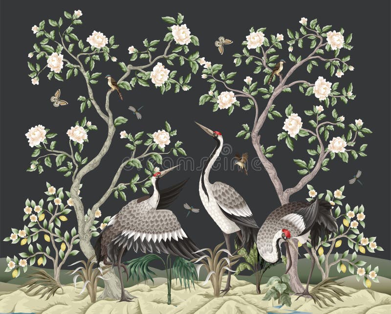 Chinoiserie Wallpaper Mural, Vintage, Illustration, Old, Retro, Blossom ...