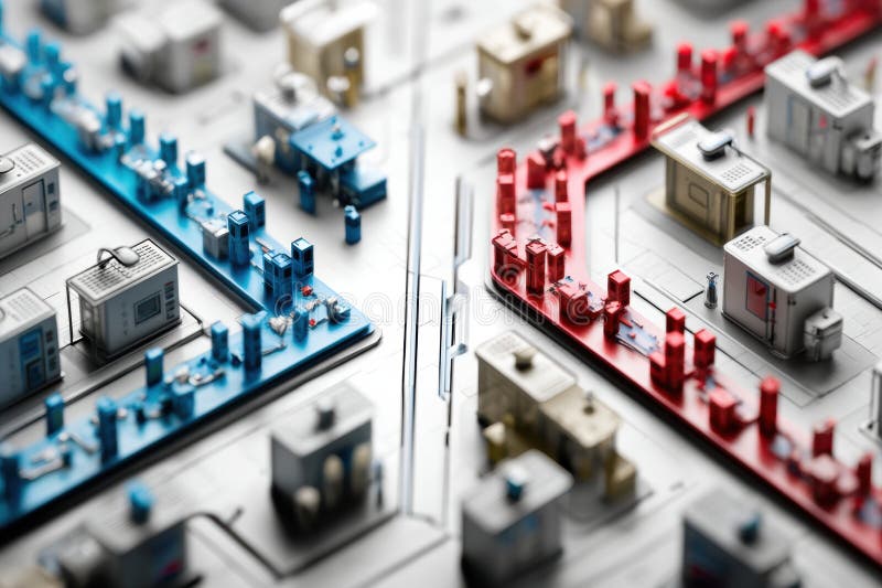 Chip Factory Assembly Lines with Diverging Paths in Red and Blue Colors ...