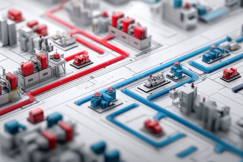 Chip Factory Assembly Lines with Diverging Red and Blue Pathways for ...