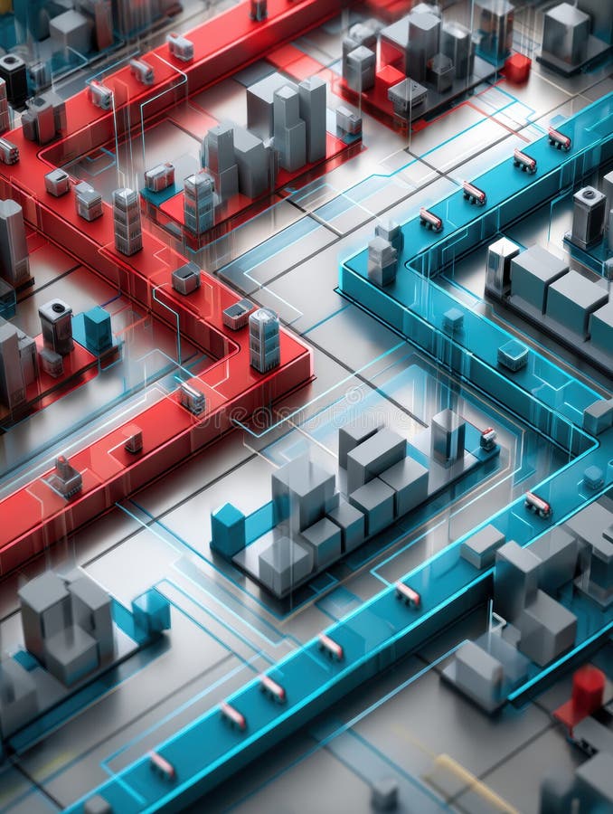 Chip Factory Assembly Lines Showcase Red and Blue Diverging Paths in ...