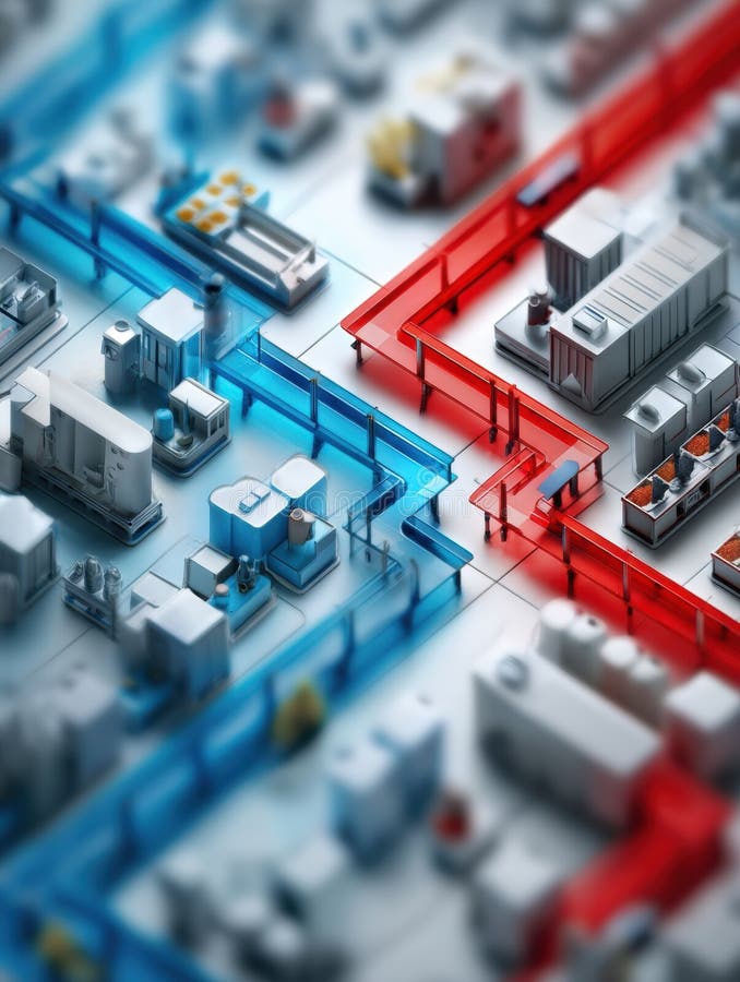 Chip Factory Assembly Lines Showing Red and Blue Paths Diverging with ...
