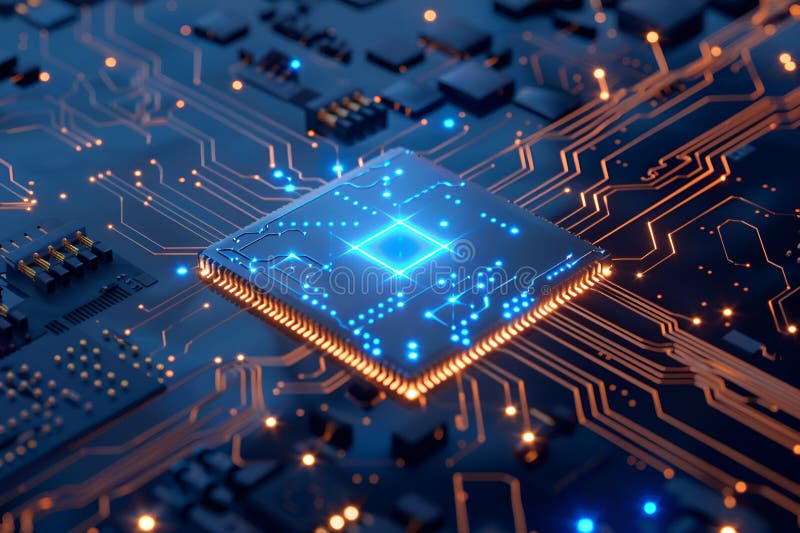 A Chip with Glowing Blue Light Bulbs on a Printed Circuit Board Stock ...