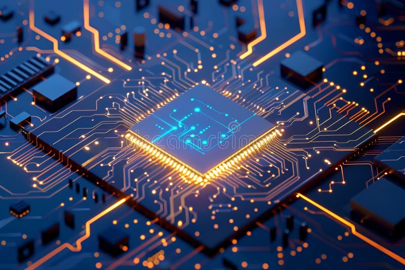 A Chip with Glowing Blue Light Bulbs on a Printed Circuit Board Stock ...