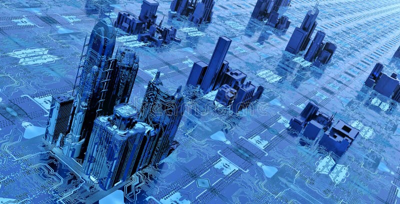 3D city on a computer chip stock illustration. Illustration of ...