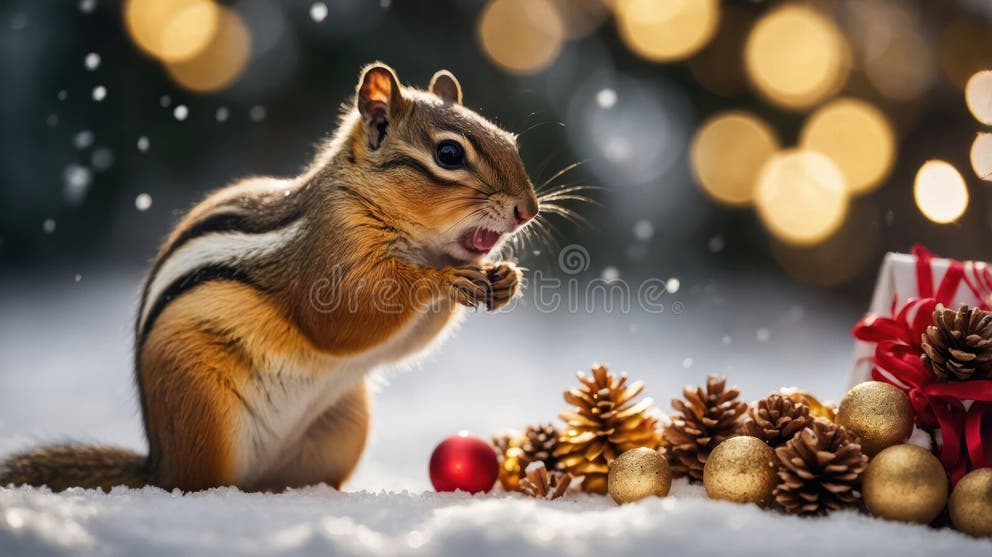 Adorable Chipmunk Enjoying Christmas Treats in Snowy Scene Stock ...