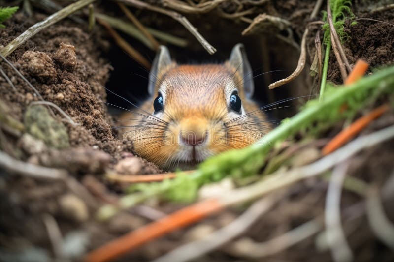 Chipmunk Burrow Hidden Under Tree Roots with Food Pile Stock Photo ...