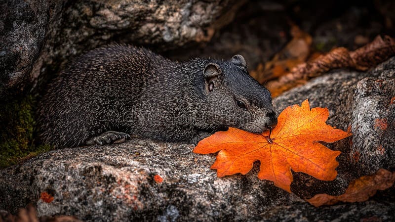 Chipmunk Eating Autumn Leaf, Rocky Crevice, Forest Stock Photo - Image ...