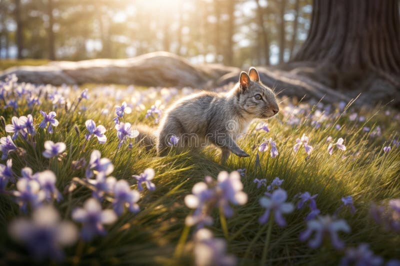 Chipmunk in a Field of Purple Flowers during Sunset Stock Illustration ...