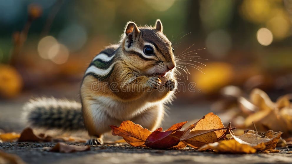 Adorable Chipmunk Eating in Autumn Leaves Stock Illustration ...