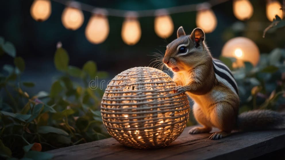 Charming Chipmunk Exploring Illuminated Sphere at Night Stock ...