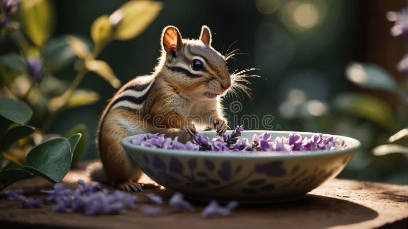 Adorable Chipmunk Enjoying Lilac Petals in a Bowl Stock Illustration ...