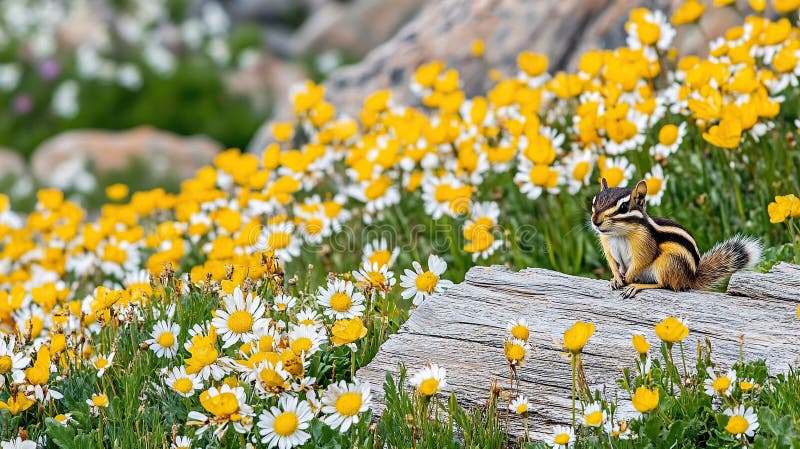 Chipmunk on Log, Wildflowers, Mountain Meadow, Spring Stock Photo ...