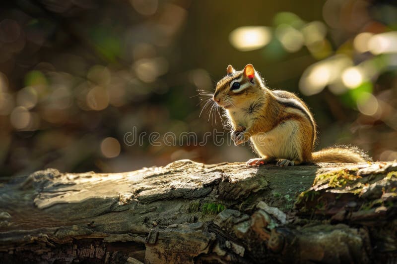 Chipmunk Posing on Sunlit Log in Lush Forest AI Stock Image - Image of ...