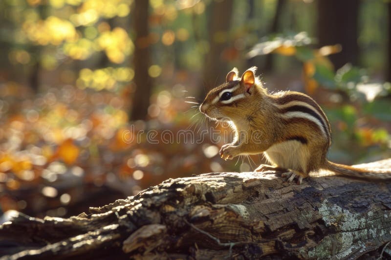 Chipmunk Resting on Log in Sunlit Forest AI Stock Photo - Image of ...