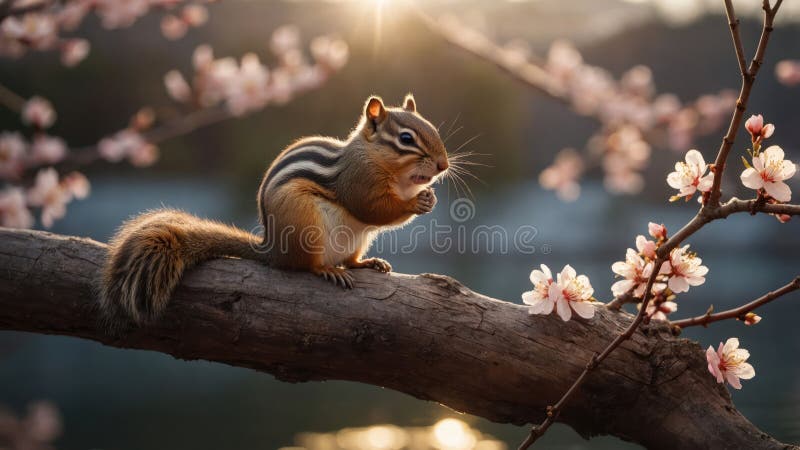 Adorable Chipmunk on a Blooming Branch at Sunset Stock Illustration ...