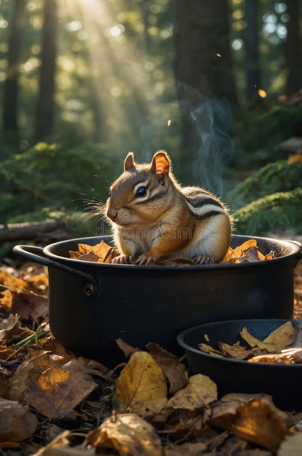 Adorable Chipmunk Relaxing in Autumn Leaves Inside a Black Pot Stock ...