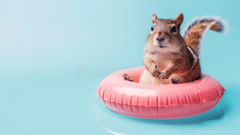 Chipmunk Sitting on a Pink Pool Float in Blue Water, Looking Curious ...