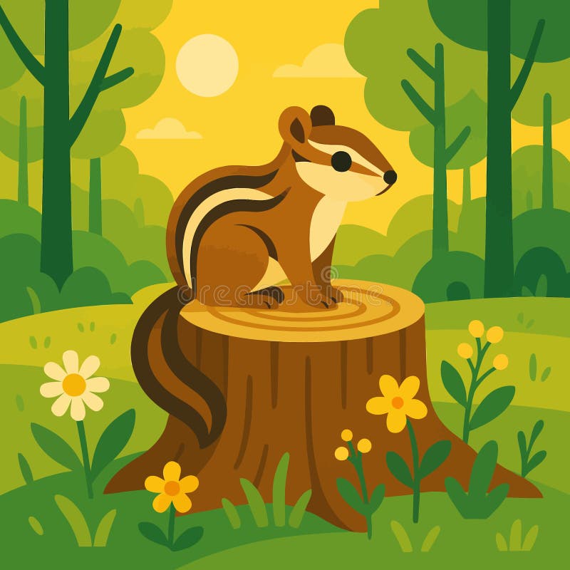 Chipmunk Sitting on Tree Stump in Sunny Forest Illustration Stock ...