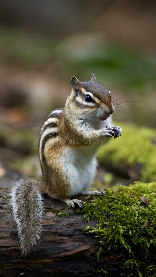 Chipmunk on Mossy Log Blends with Forest, Engaged in Natural Woodland ...