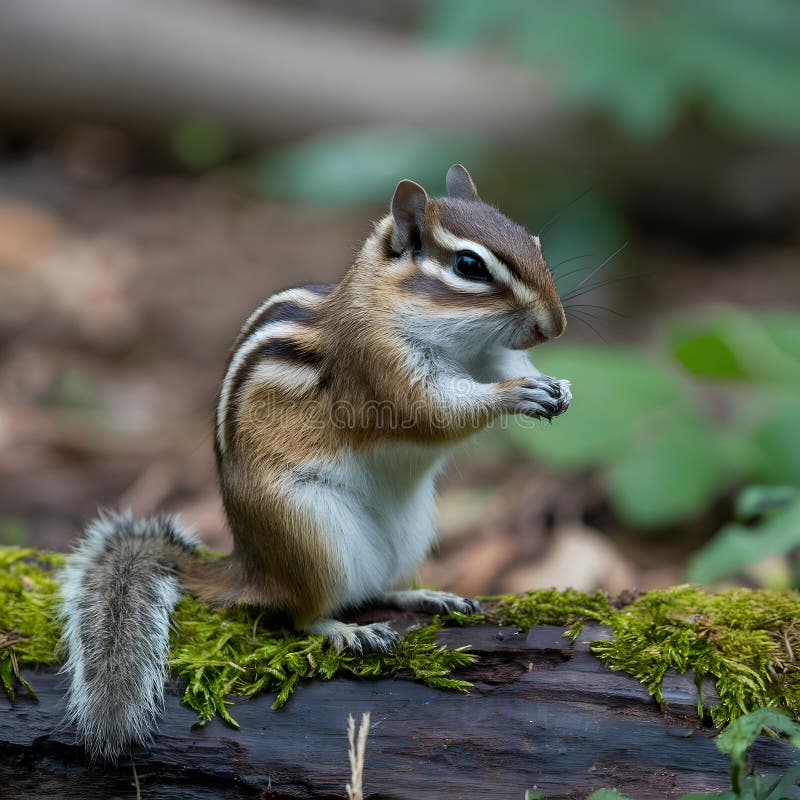 Chipmunk on Mossy Log Blends with Forest, Engaged in Natural Woodland ...