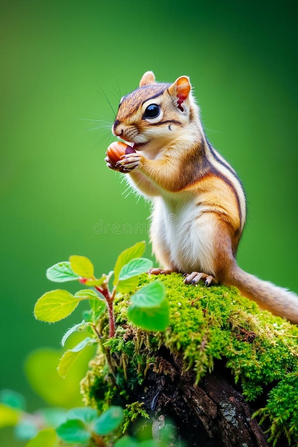 A Chipmunk Sitting on Top of a Moss Covered Tree Branch Eating an Acorn ...