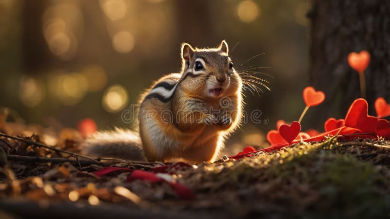 Adorable Chipmunk in Golden Hour Sunlight with Red Hearts Stock ...