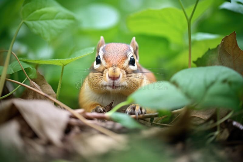 Chipmunk Under a Shrub Safeguarding a Chestnut Stock Photo - Image of ...