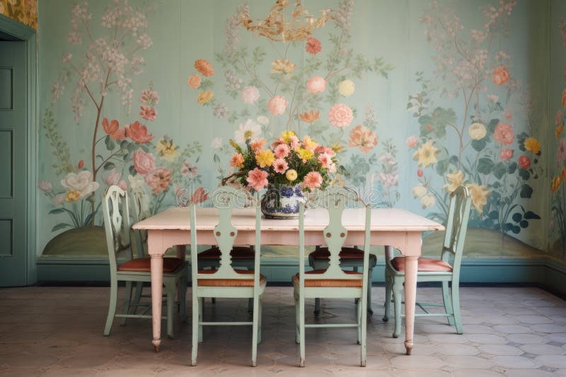 A Chipped, Pastel-painted Dining Table Set in a Room with Floral ...