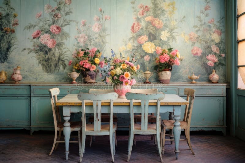 A Chipped, Pastel-painted Dining Table Set in a Room with Floral ...