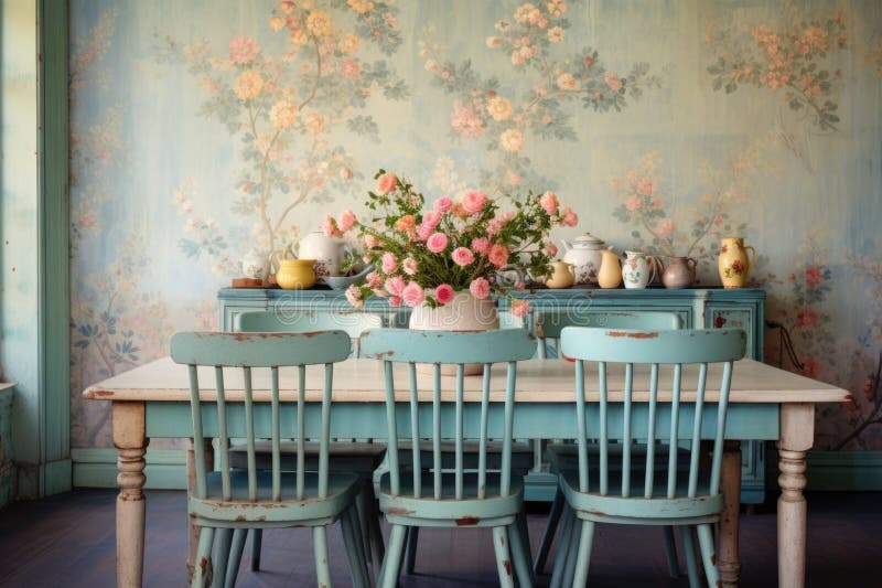 A Chipped, Pastel-painted Dining Table Set in a Room with Floral ...