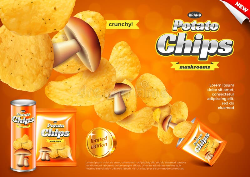 Chips Ads. Pack Explosion, Mushrooms Flavour Vector Background Stock ...