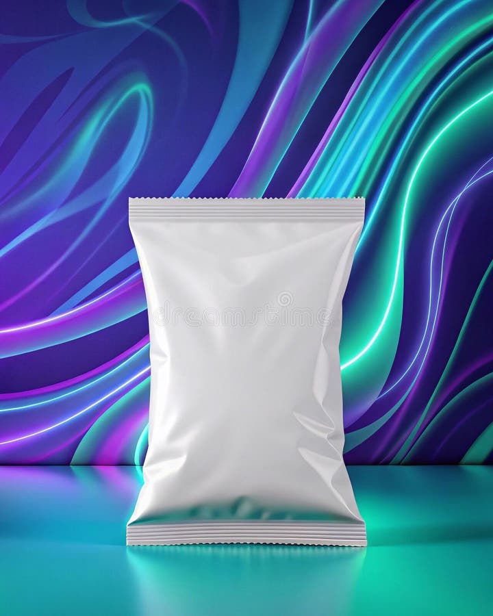 Chips Bag Mockup with a Futuristic Neon Swirl Background. Illustration ...
