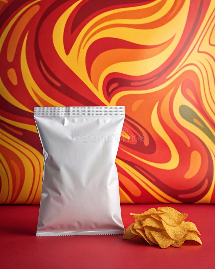 Chips Bag Mockup with Golden Chips on a Vibrant Orange Swirl Background ...