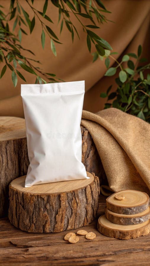 Chips Bag Mockup with Natural Wood Texture and Crispy Chips on a Wooden ...