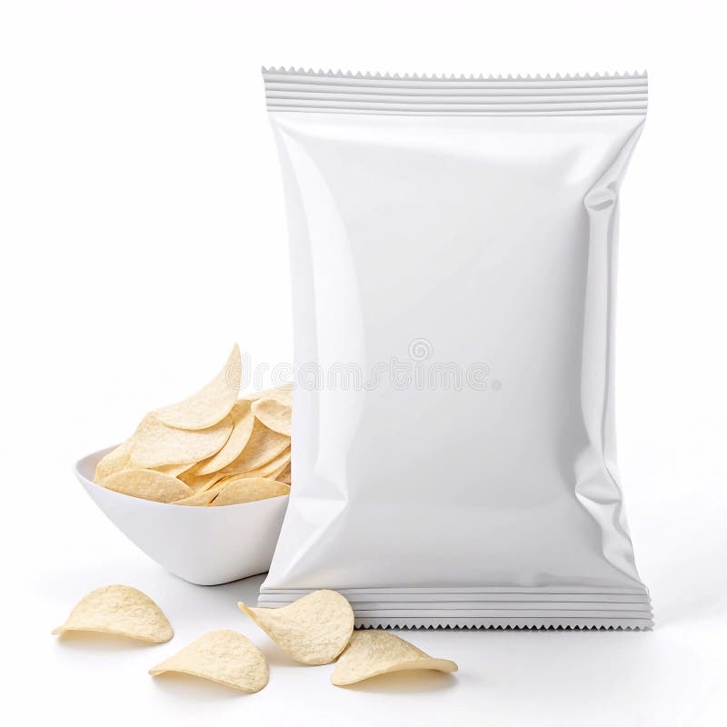 Chips Bag Mockup with No Label Placed Next To a White Bowl Filled with ...