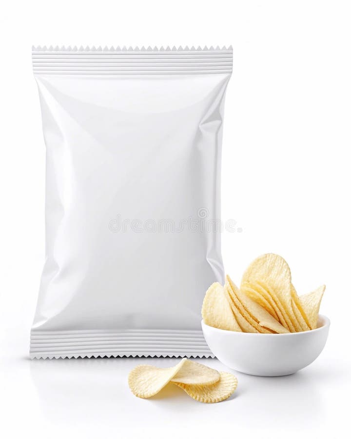 Chips Bag Mockup with White Packaging and Crispy Potato Chips on White ...