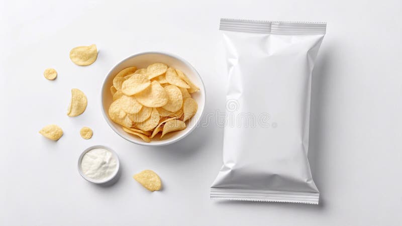 Chips Bag Mockup with White Snack Bag and Crispy Potato Chips on a ...
