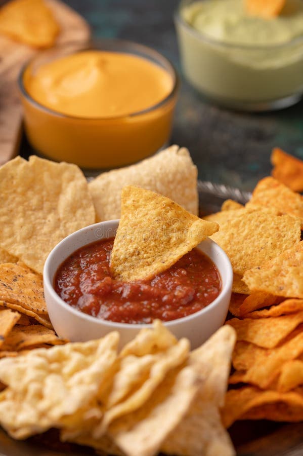 Chips Close-up with Salsa, Rest and Party Snacks Stock Image - Image of ...