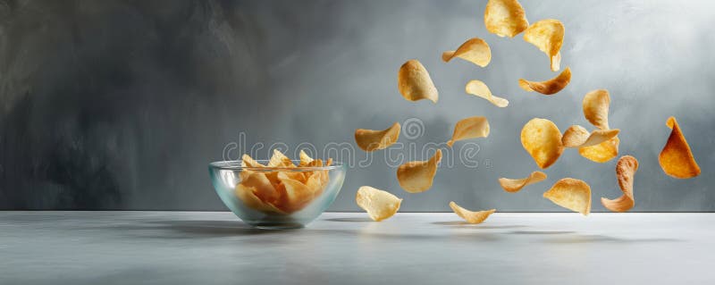 Chips Floating Around a Glass Bowl on a Grey Background. Stock Photo ...