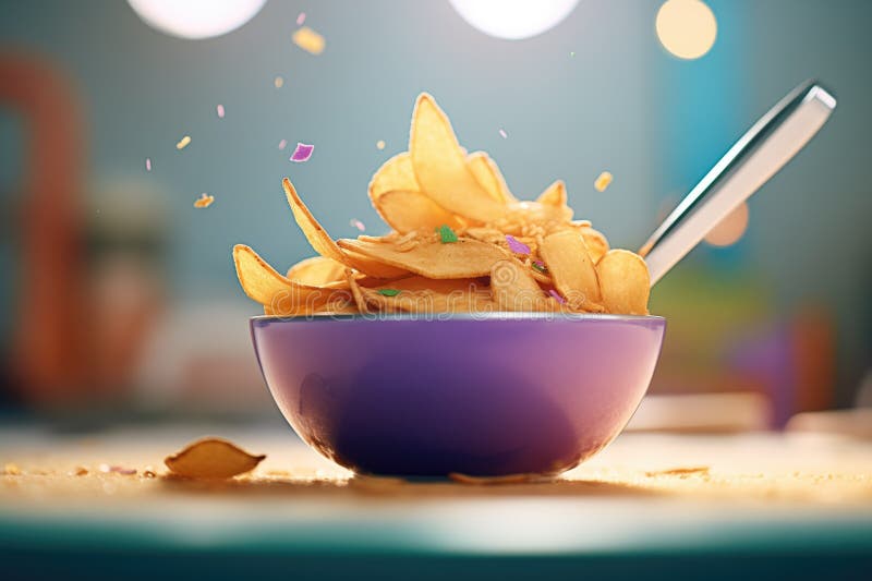 Chips Inside Scoop, Over a Bowl Showing Volume Stock Photo - Image of ...