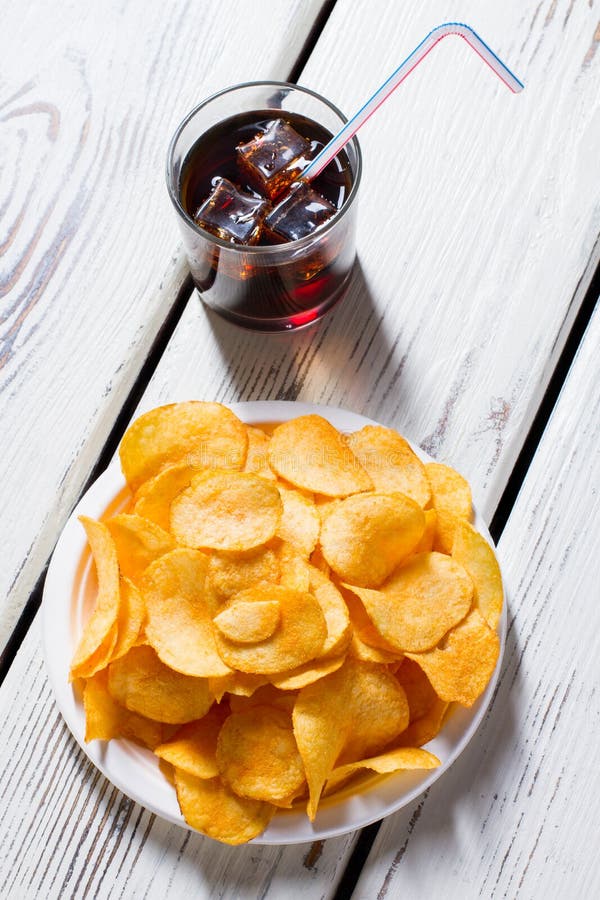 Chips with Cola and Pepperbox. Stock Image - Image of pepperbox, lunch ...