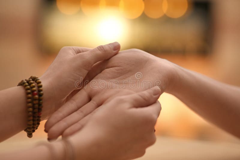 Chiromancer Reading Lines on Woman`s Palm at Table Stock Photo - Image ...