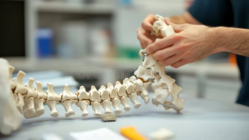 Chiropractor Performing Spinal Adjustment on Model of Vertebrae Stock ...