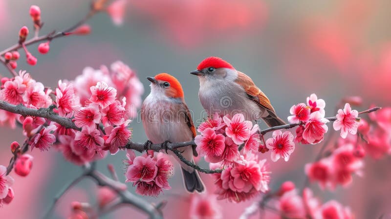 Sparrows on Blooming Lilac Branch with Beautiful Flowers in Spring ...