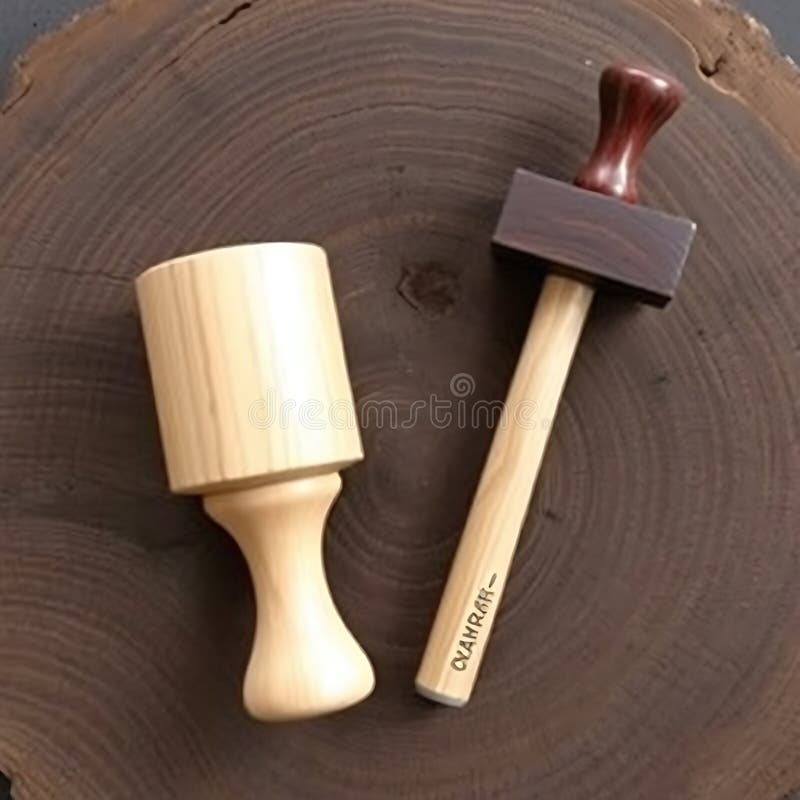 Chisel and Mallet Placed Side by Side on a Piece of Dark Oak Wood with ...